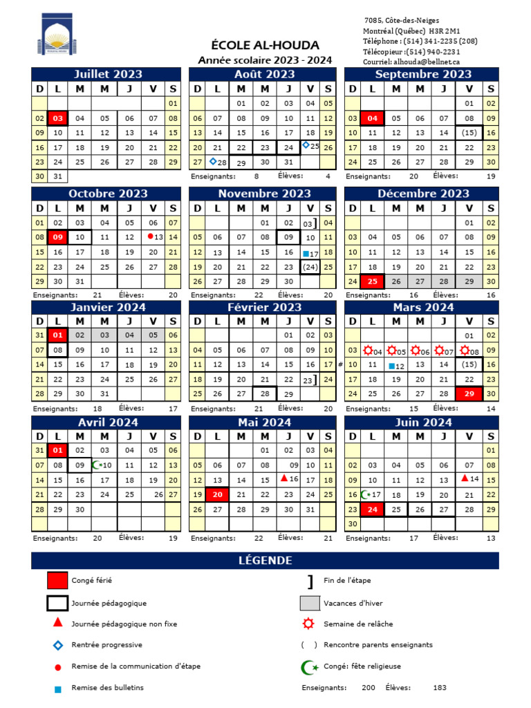 Calendrier Ecole Al Houda 2023 2024 | PDF