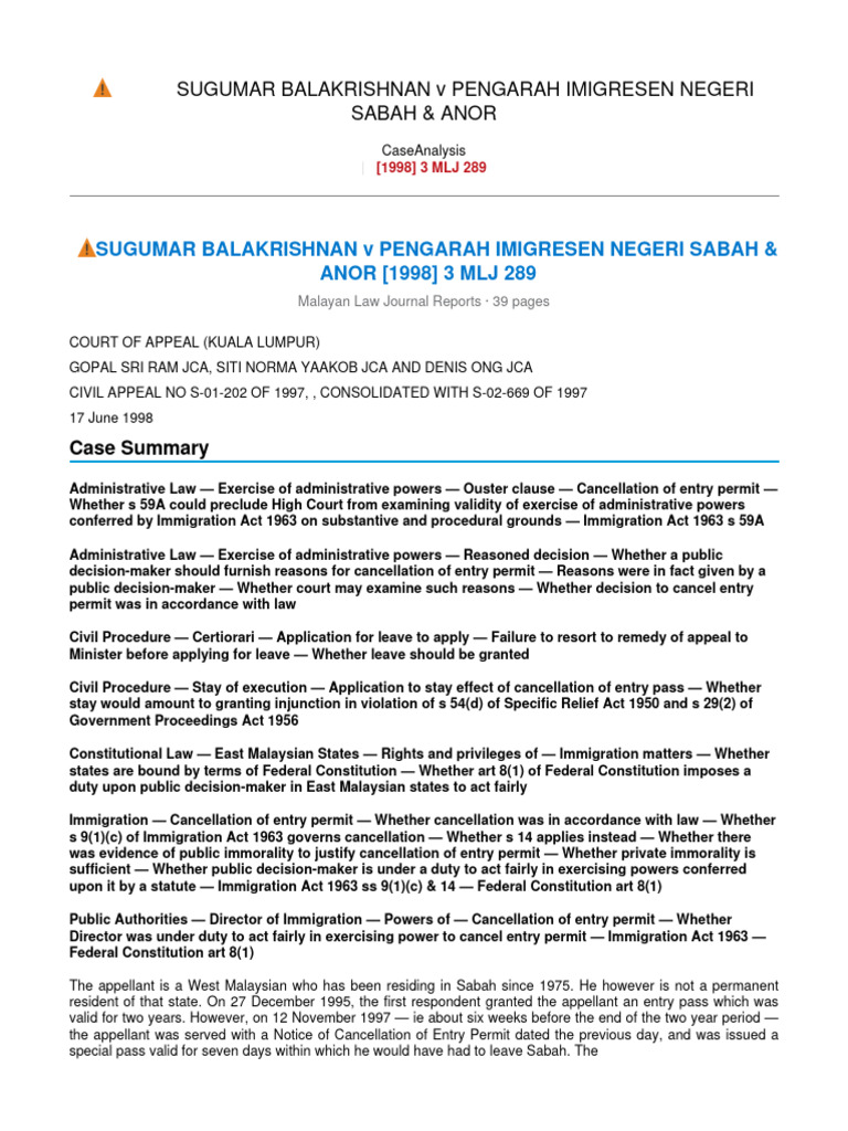 SUGUMAR BALAKRISHNAN V PENGARAH IMIGRESEN NEGERI SABAH & ANOR, (1998) 3 ...
