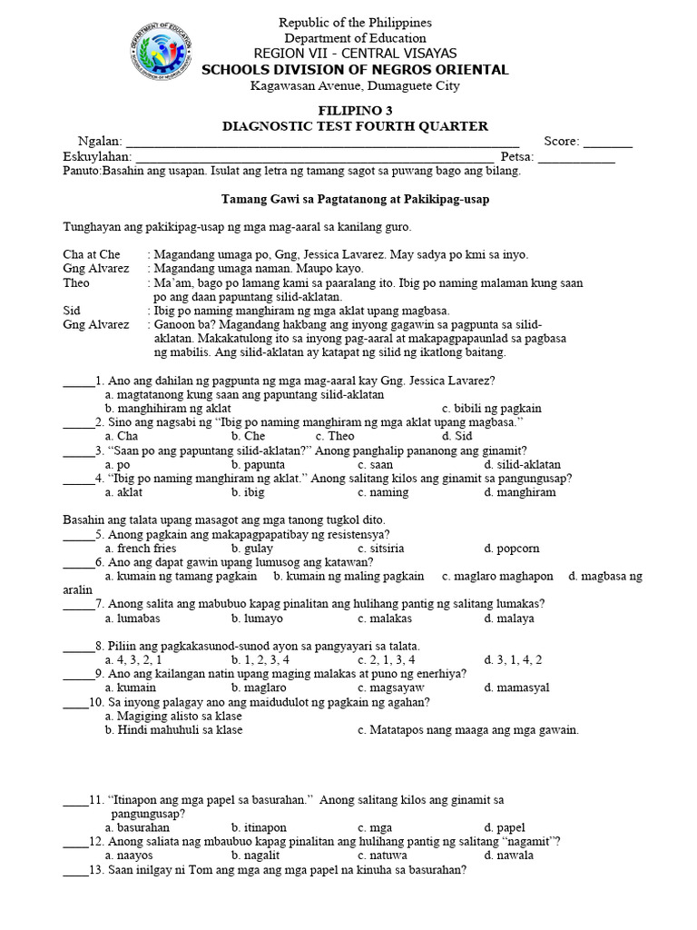 Diagnostic Filipino 3-4th Quarter Assessment | PDF