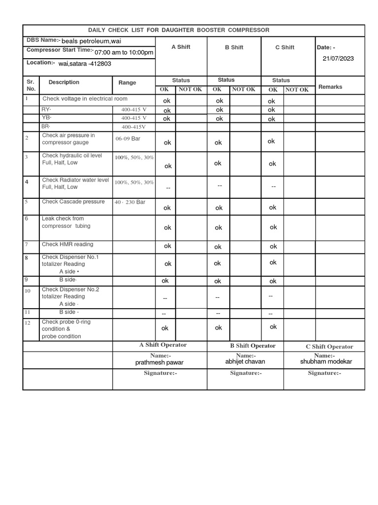 Daily_Checklist_of_Booster11 | PDF | Liquids | Energy Technology