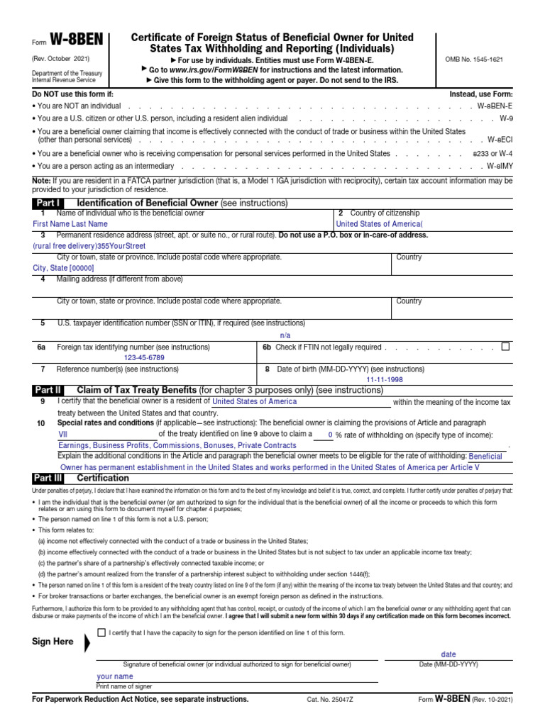 W8 Ben Form (TEMPLATE) | PDF | Irs Tax Forms | Justice