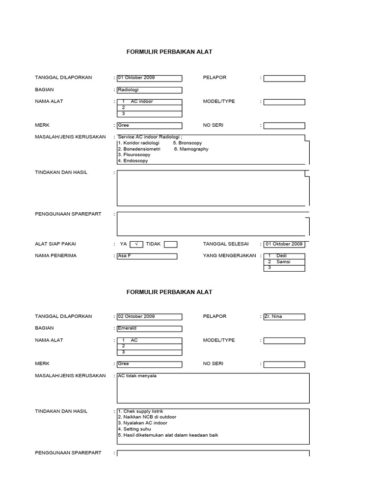 Formulir Perbaikan Alat Medis Gree | PDF