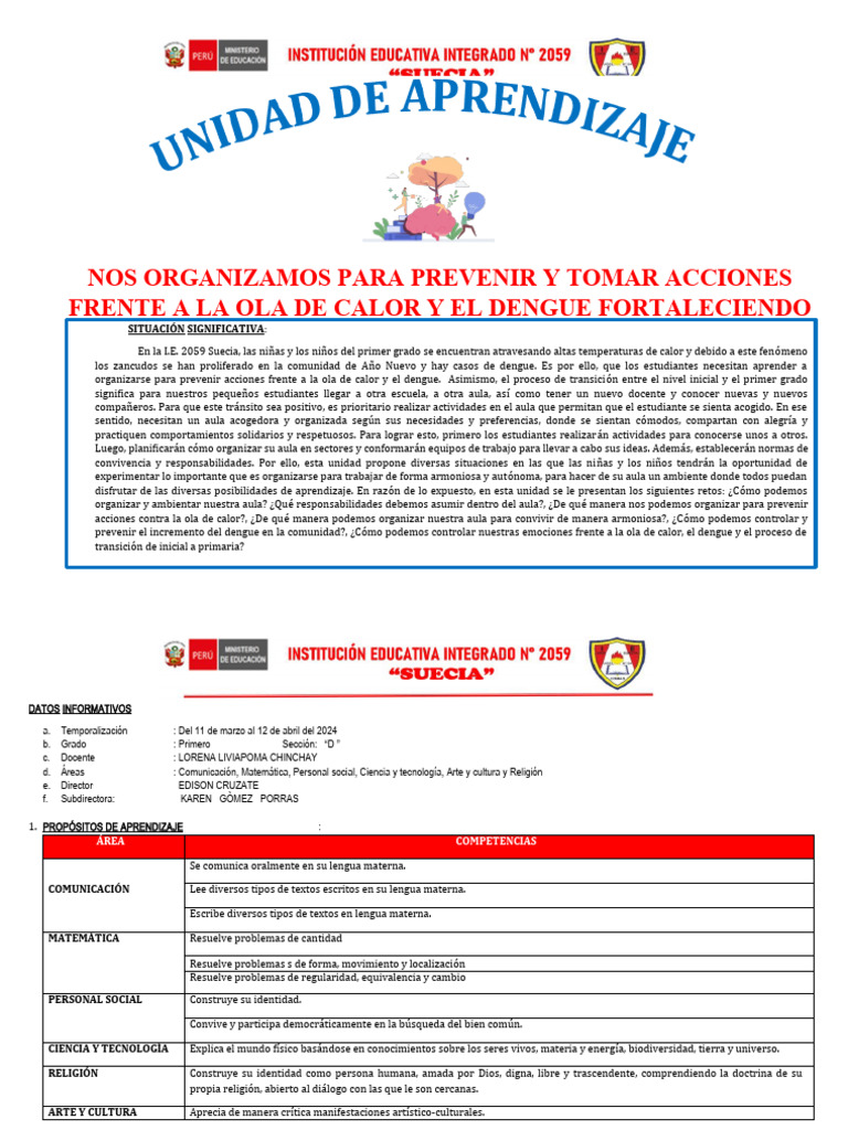 UNIDAD DE APRENDIZAJE 2024 Primer grado | PDF | Evaluación | Salón de clases
