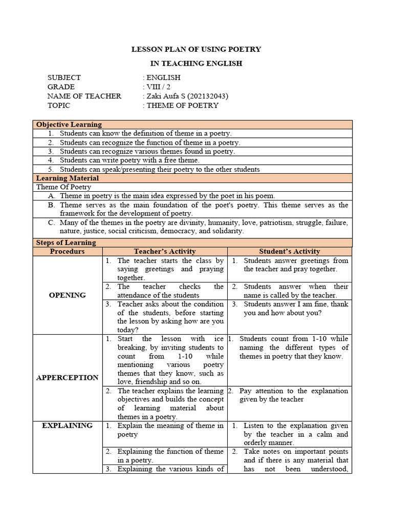 Lesson Plan (Theme) | PDF | Poetry | Teachers