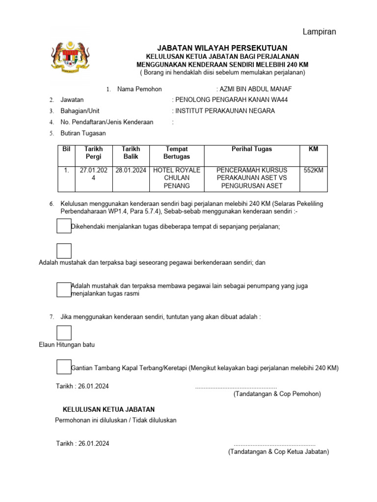 Kelulusan Perjalanan Kenderaan Sendiri | PDF | Pengelolaan Keuangan & Uang