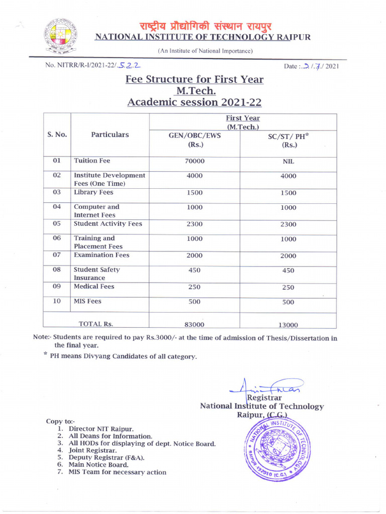Fee Structure First Year M.Tech 2021-22 | PDF