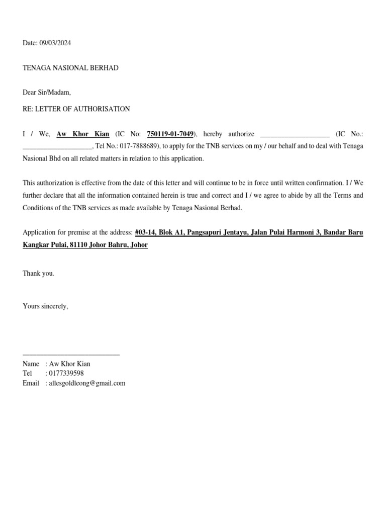 TNB Authorisation Letter (Apply) | PDF