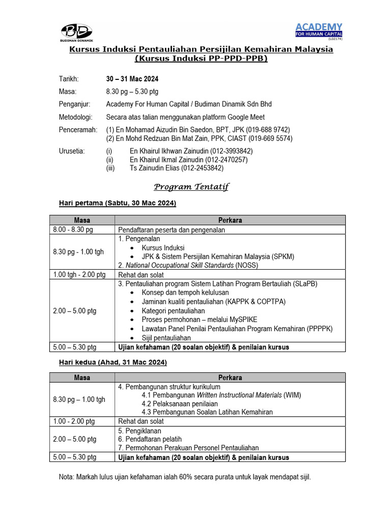 Kursus Induski PP-PPD-PPB 30 - 31 Mac 2024 - Tentatif Program | PDF