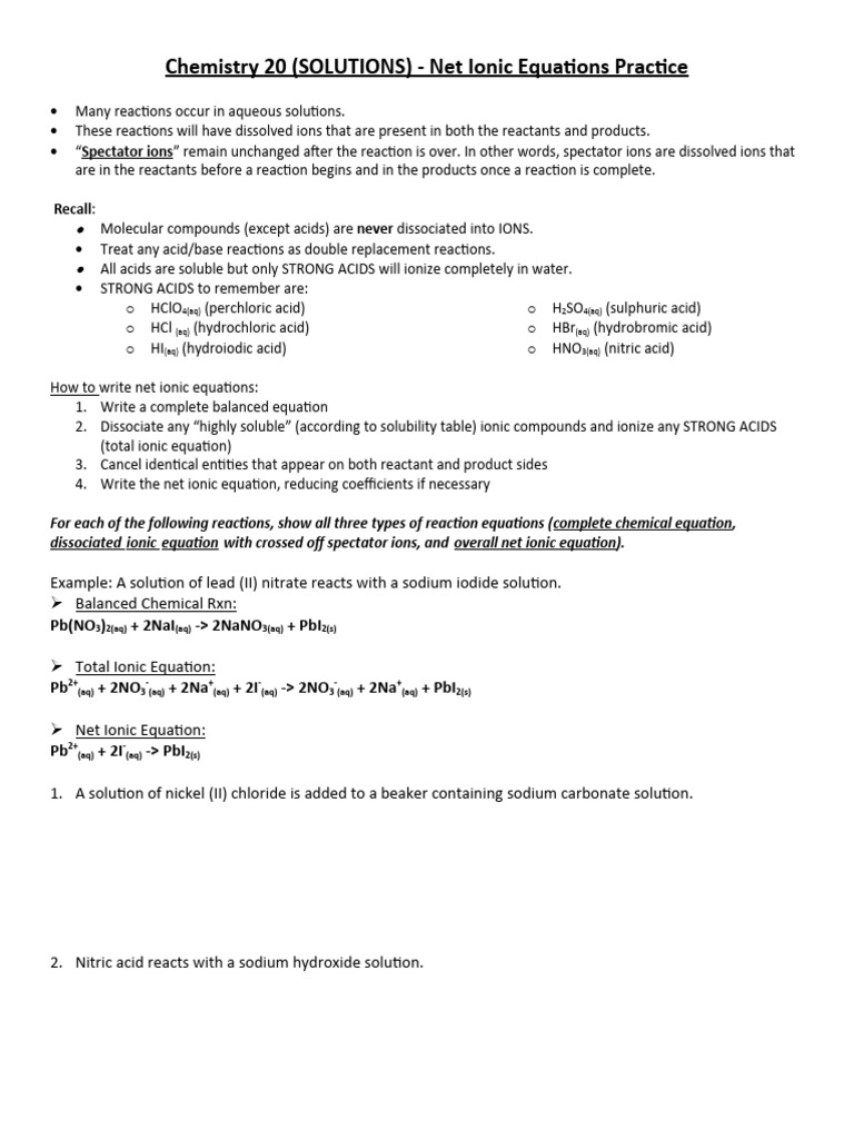 Net Ionic Equations Practice Guide | PDF | Acid | Chemical Reactions
