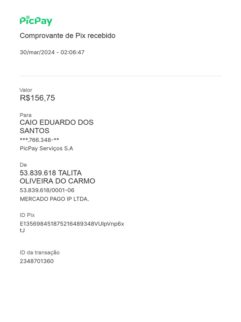 Comprovante Picpay PIX 27032024080945$ | PDF | Finanças e Administração ...