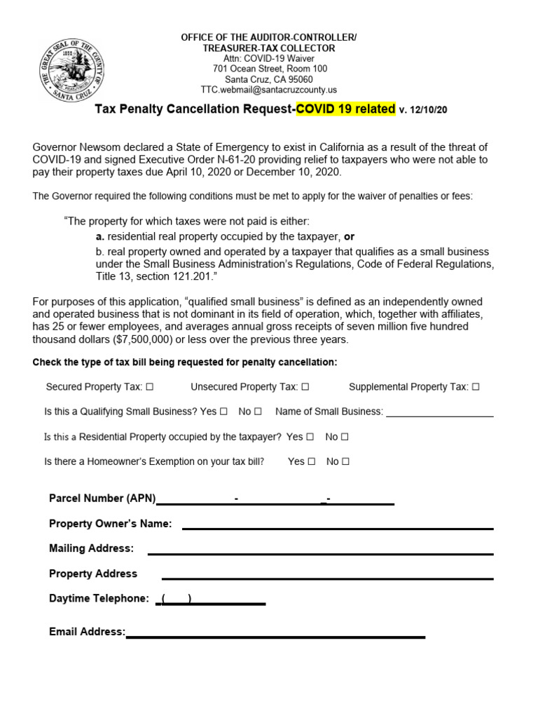 COVID-19 Tax Penalty Waiver Request Form | PDF | Property Tax | Taxes