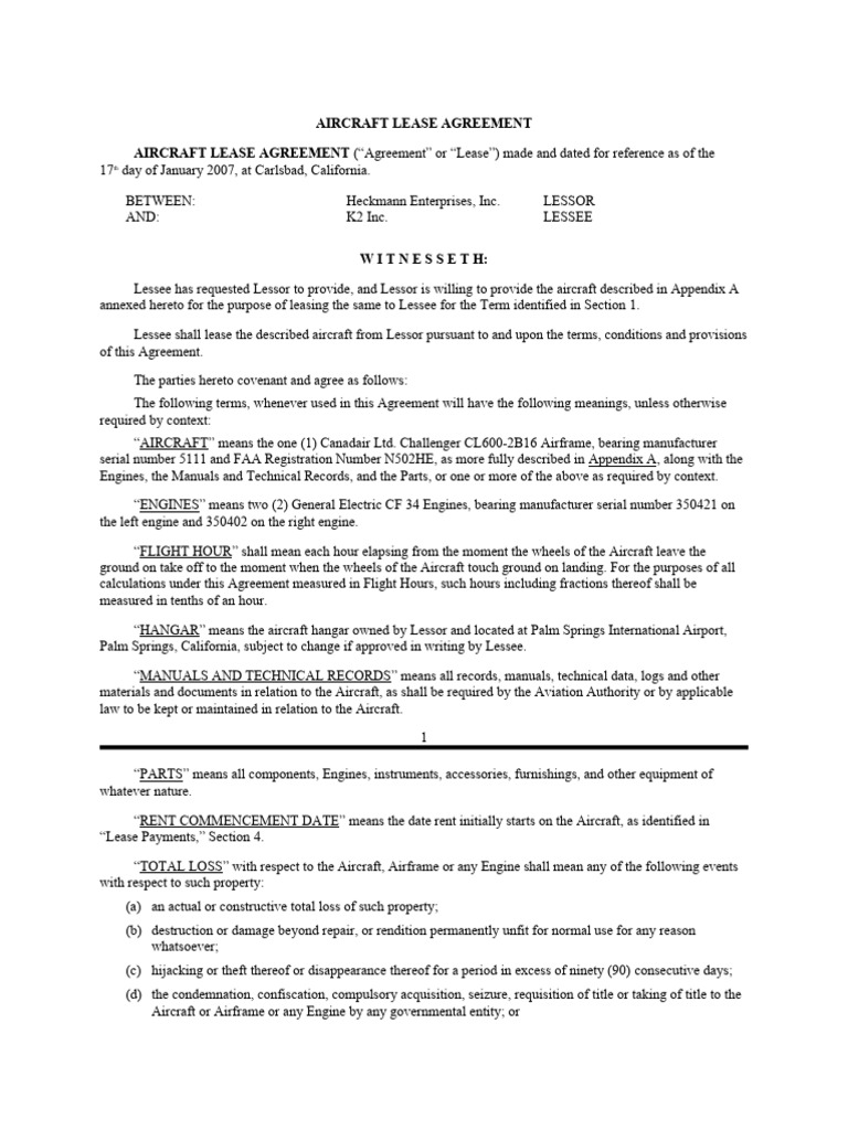 Aircraft Lease Agreement 2007 | PDF | Lease | Bankruptcy