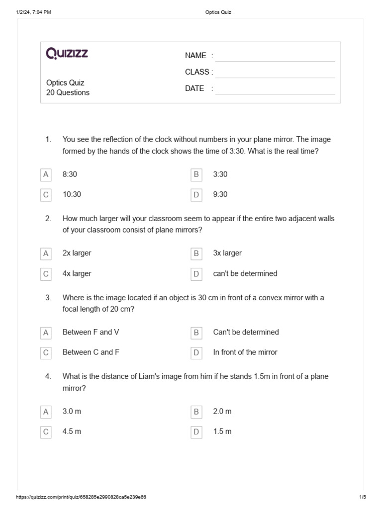 Optics Quiz | PDF | Mirror | Glass Engineering And Science
