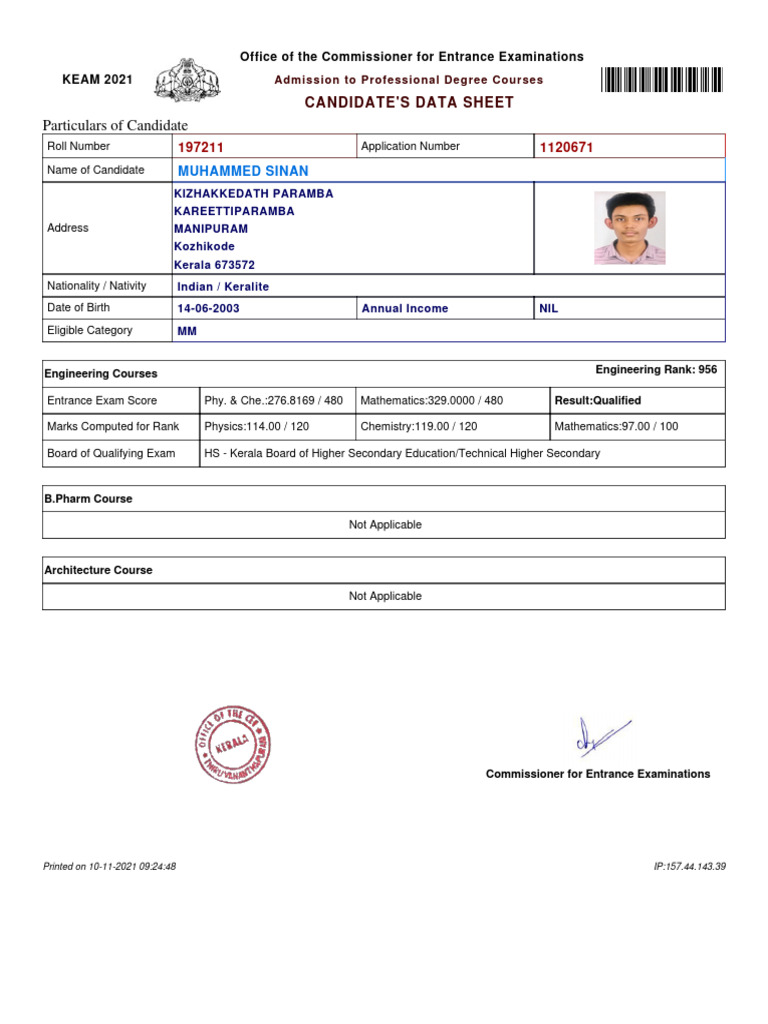 KEAM 2021 Candidate Data Sheet | PDF