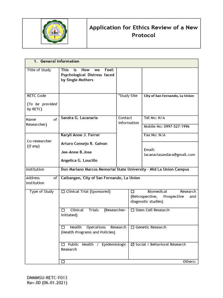 DMMMSU RETC F013 Application For Ethics Review of A New Protocol 1 ...