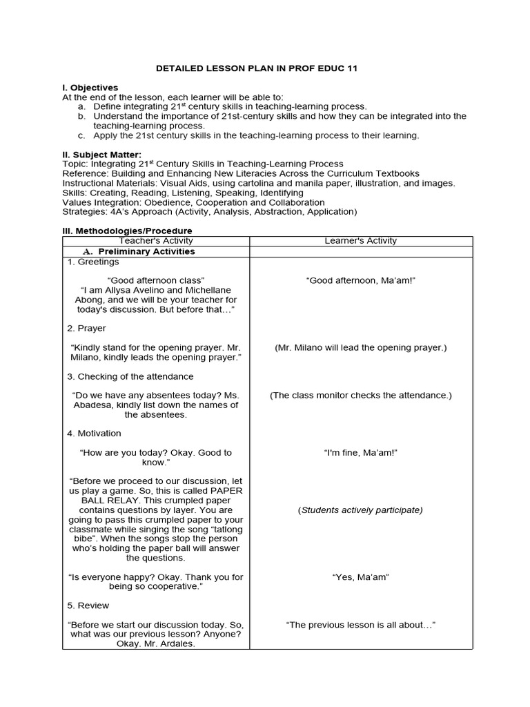 Detaild Lesson Plan in Profed 11 | PDF | Educational Assessment | Learning