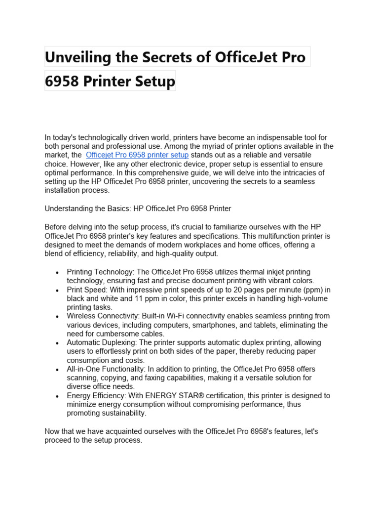 Unveiling The Secrets of OfficeJet Pro 6958 Printer Setup | PDF ...