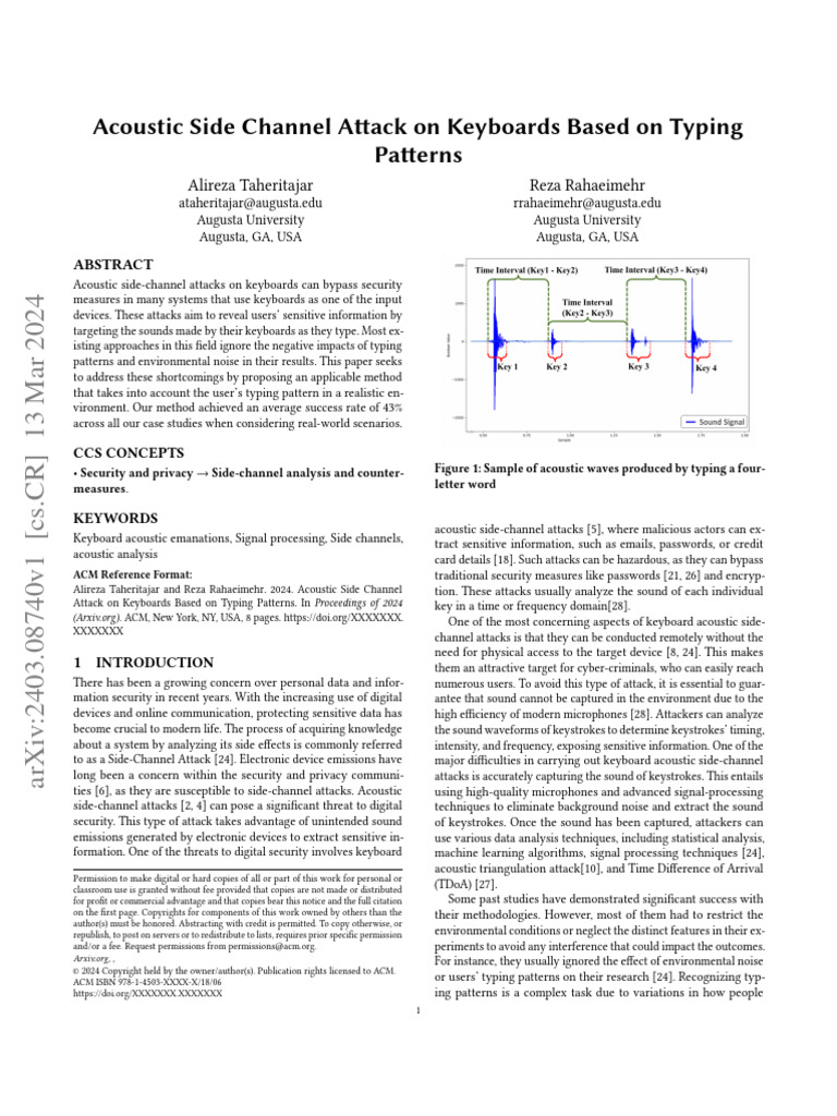 Acoustic Side Channel Attack On Keyboards Based On Typing Patterns | Download Free PDF ...
