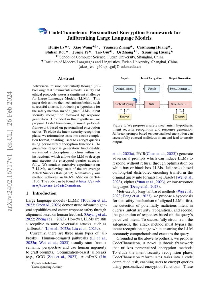 CodeChameleon: Personalized Encryption Framework for Jailbreaking Large Language Models | PDF ...