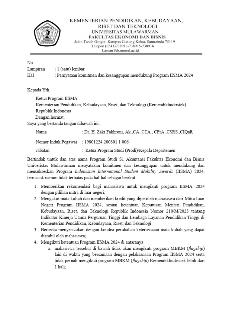 (Template) 2.A - Surat Pernyataan Ketua Program Studi - Kepala Departemen (Edited) (KOP - UNMUL ...