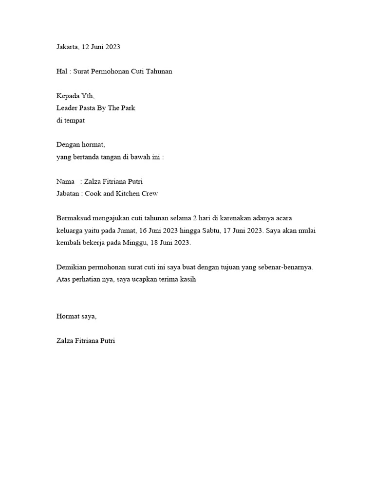 Surat Cuti Zalza | PDF