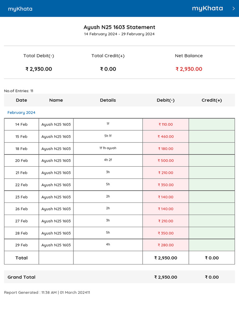 myKhata-Customer-Ayush N25 1603 Report - 240301 - 113900 | PDF