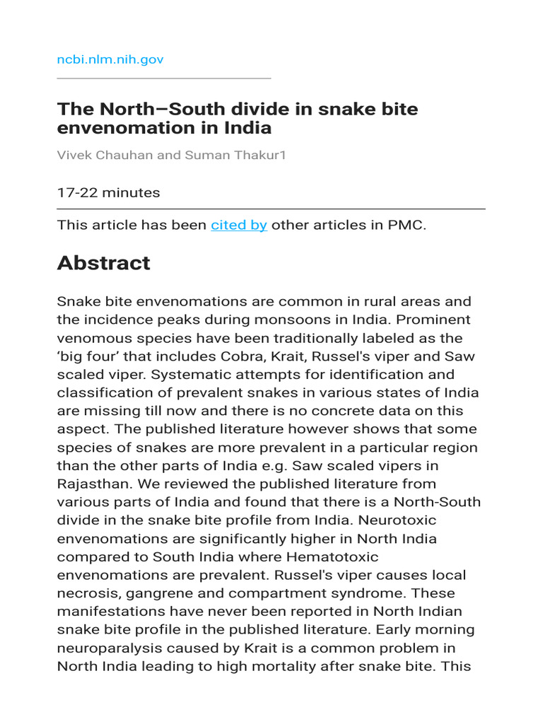 The North–South Divide in Snake Bite Envenomation in India | PDF ...