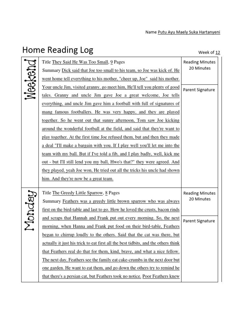 Weekly Reading Log Summary | PDF