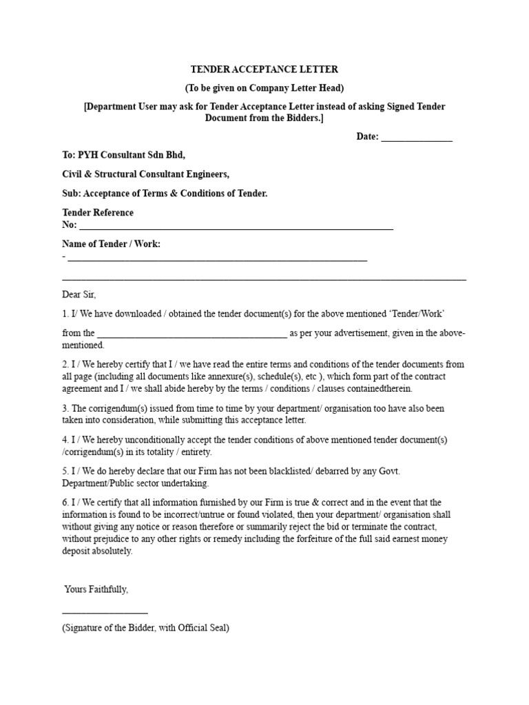 Tender Acceptance Letter | PDF Tender Acceptance Letter | PDF