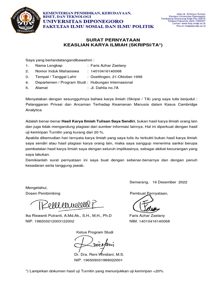 FARIS AZHAR ZAELANY 14010416140068 - Pernyataan Keaslian2 | PDF
