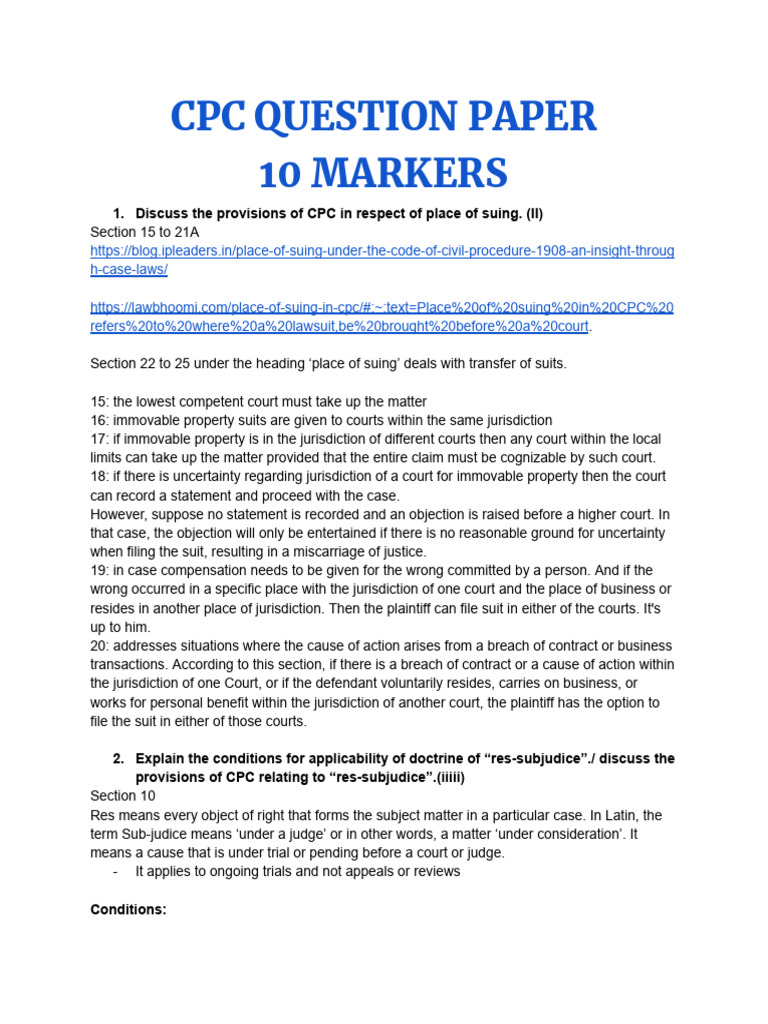 CPC Question Paper 10 Markers: 1. Discuss The Provisions of CPC in ...