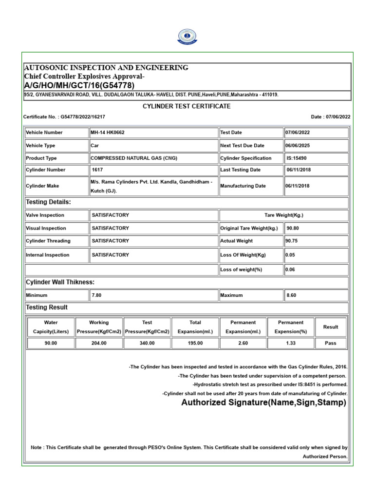 CNG Cylinder Test Certificate Details | PDF | Gas Technologies ...