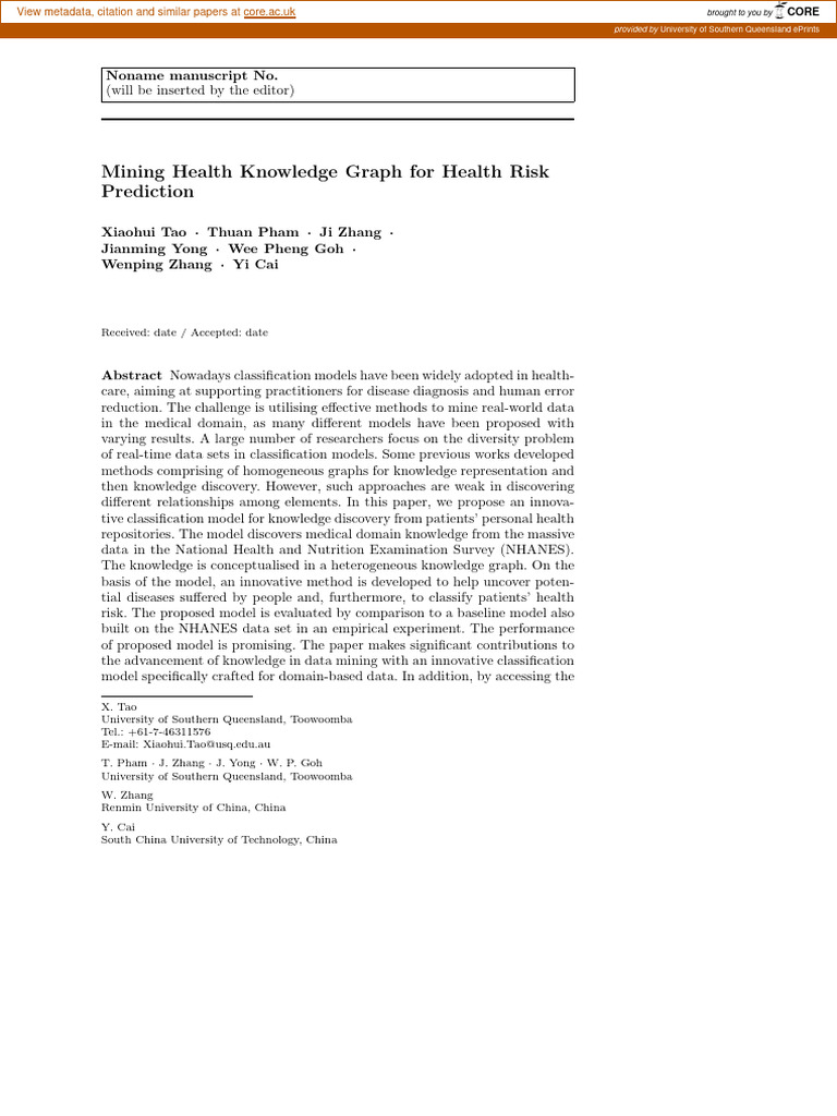 Mining Health Knowledge Graph for Health Risk Prediction | PDF | Health ...