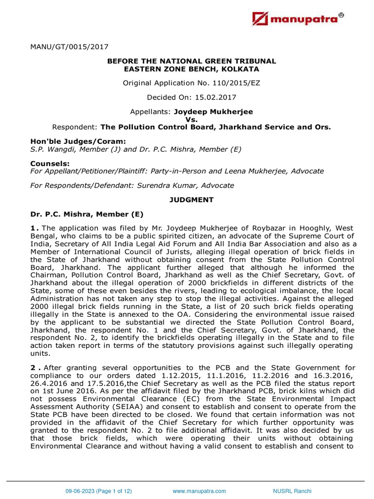 Joydeep Mukherjee Vs The Pollution Control Board JGT201723021716185765COM301222 | PDF | Sewage ...
