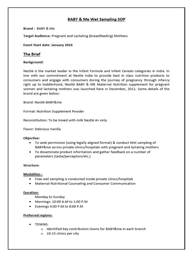 BABY&me Wet Sampling SOP | PDF | Infants | Nestlé