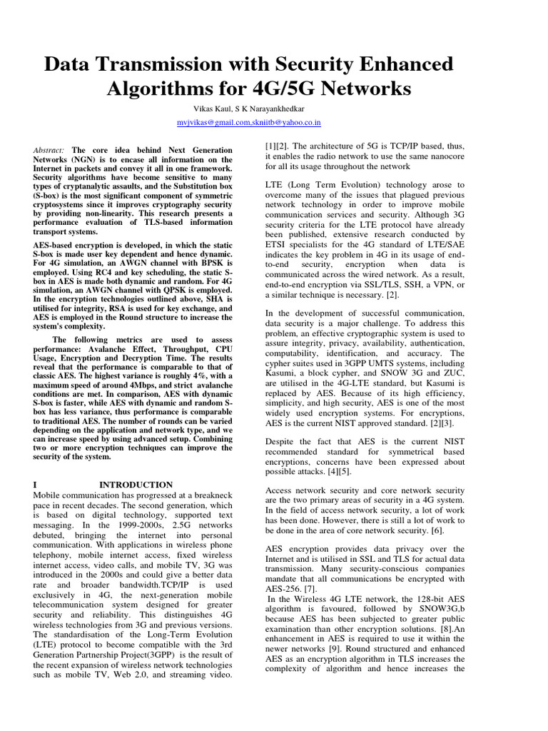 Data Transmission With Security Enhanced Algorithms For 4G/5G Networks | PDF | Cryptography ...