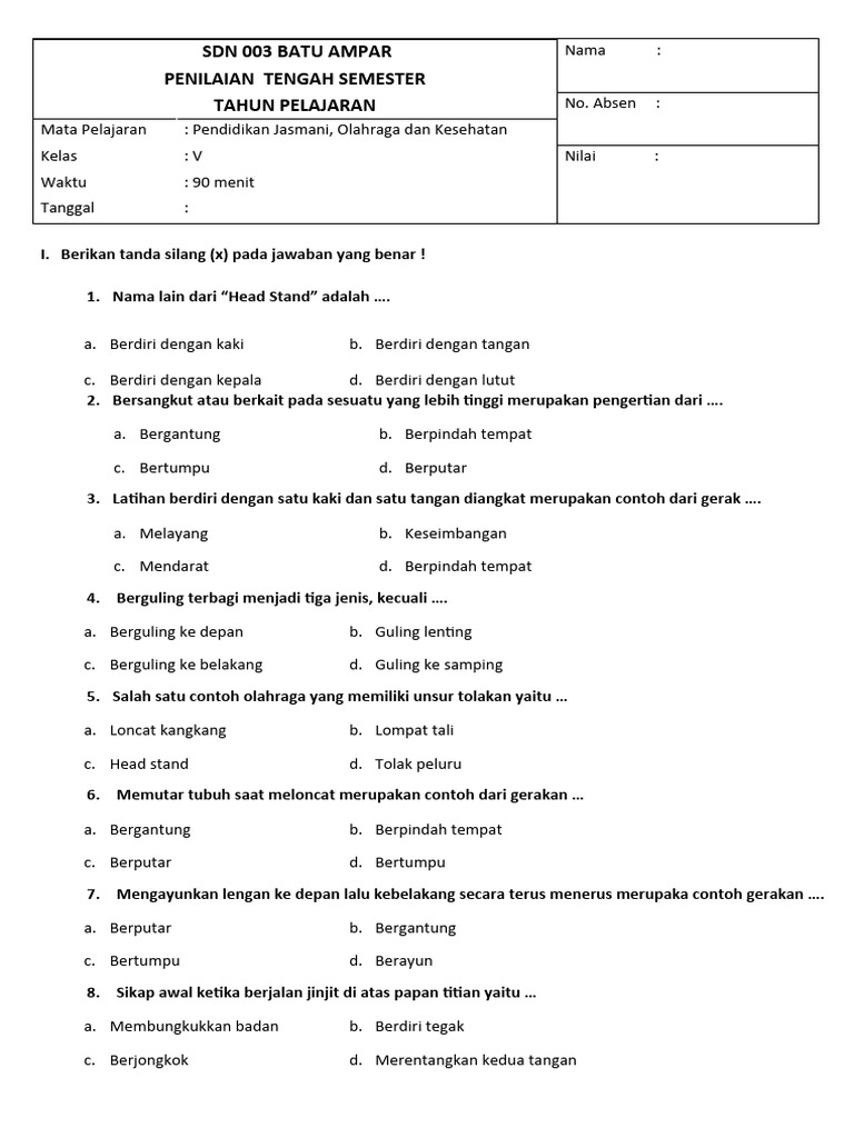 Soal PTS PJOK Kelas 5 Semester 2 BARU | PDF