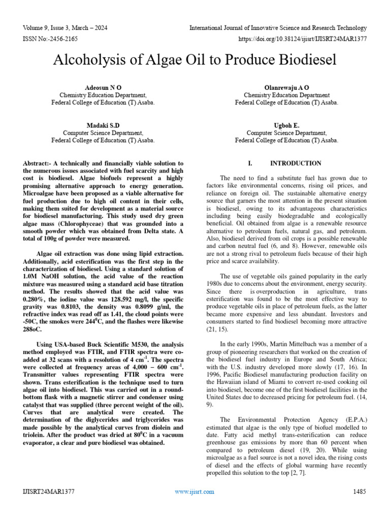 Alcoholysis of Algae Oil To Produce Biodiesel | PDF | Algae Fuel | Biodiesel