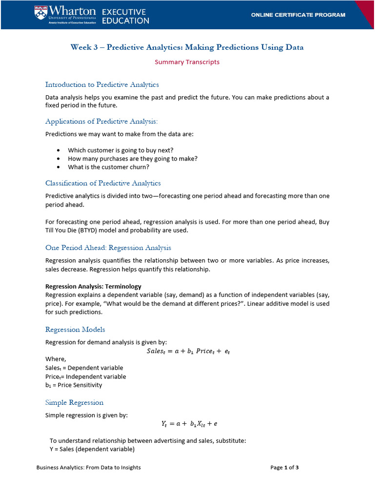 Wharton - Business Analytics - Week 3 - Summary Transcripts | PDF | Predictive Analytics ...