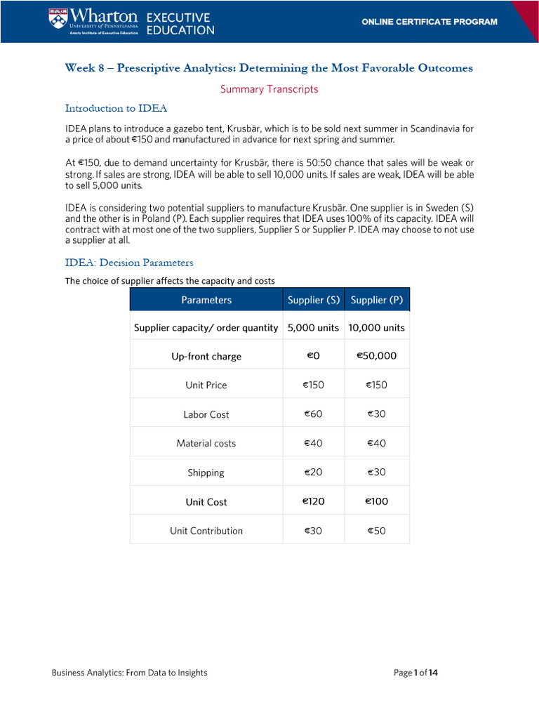 Wharton - Business Analytics - Week 8 - Summary Transcripts | PDF | Analytics | Mathematical ...