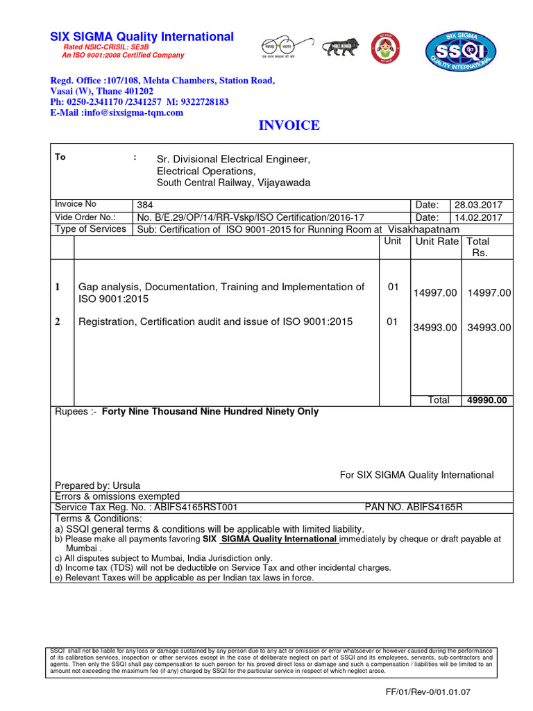 384 DTD 28.03.2017 - Invoice - SCR - Visakapatnam - Certification | PDF | Taxes | Iso 9000