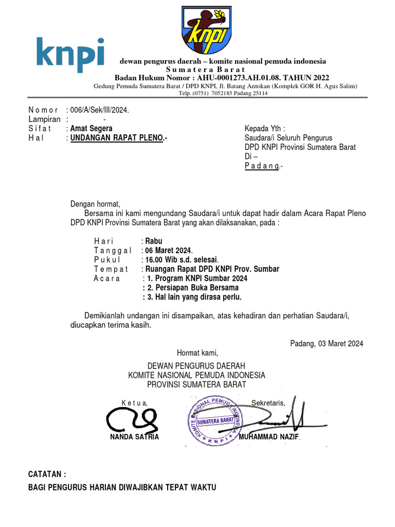 Undangan Rapat Pleno DPD KNPI Sumbar | PDF