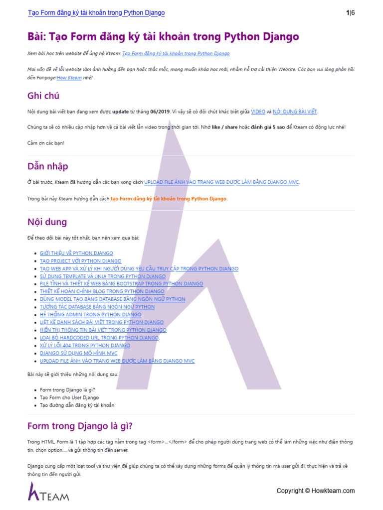 HOWKTEAM.VN - Tạo Form đăng ký tài khoản trong Python Django | PDF