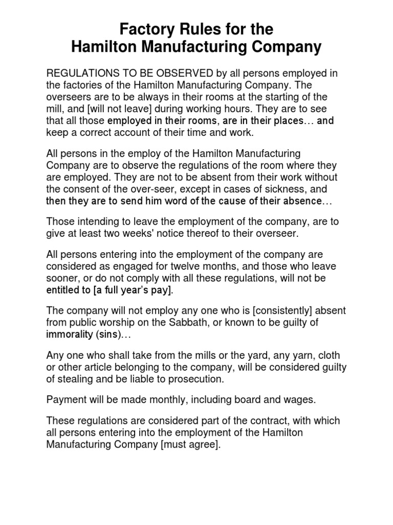 Factory Rules For The Hamilton Manufacturing Company | PDF | Meal