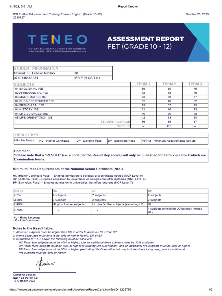 Lebeko Mosunkutu - Teneo School Report | PDF | Educational Stages ...