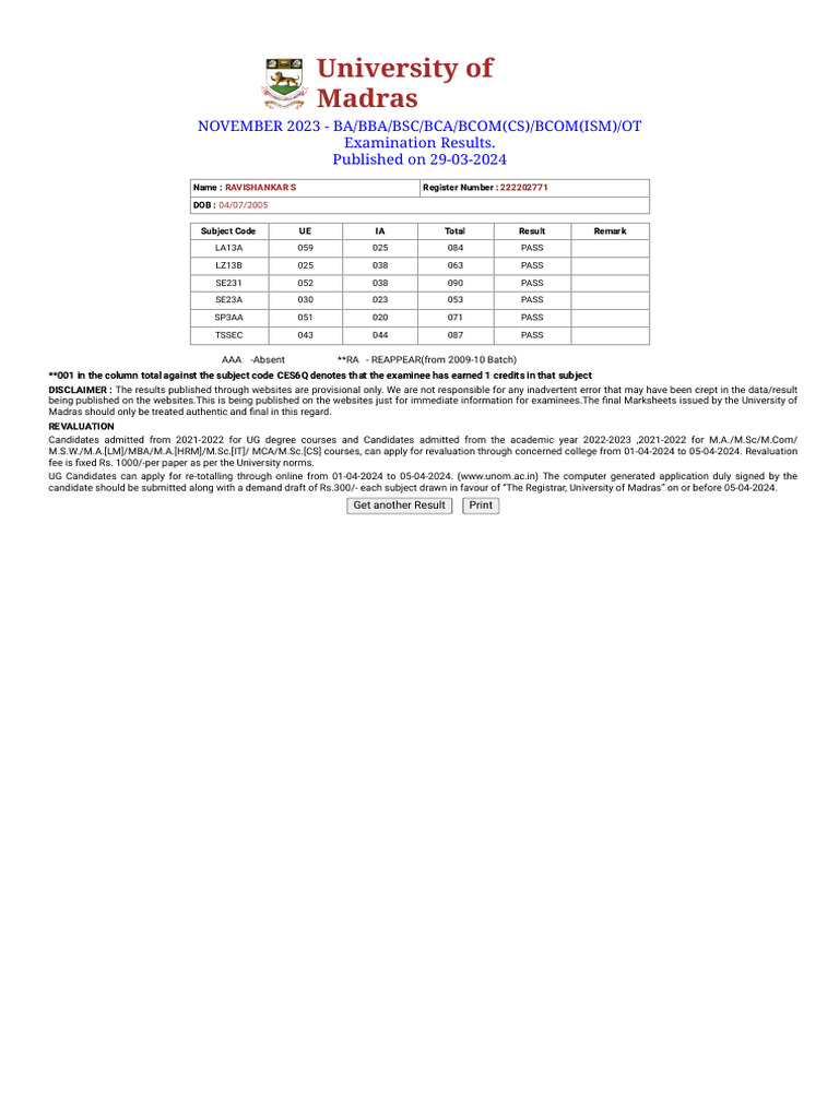 Sem3 Result | PDF | Academia | Educational Stages