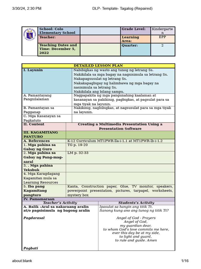DLP - Template - Tagalog (Repaired) | PDF