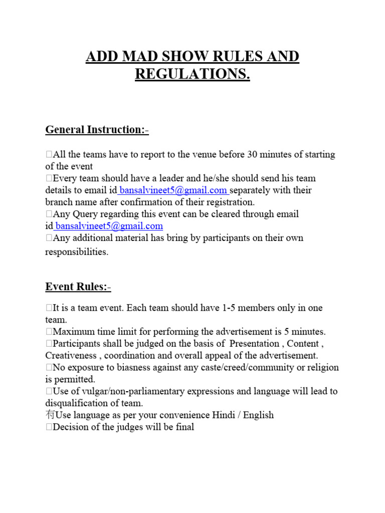 Add Mad Show Rules and Regulations | PDF