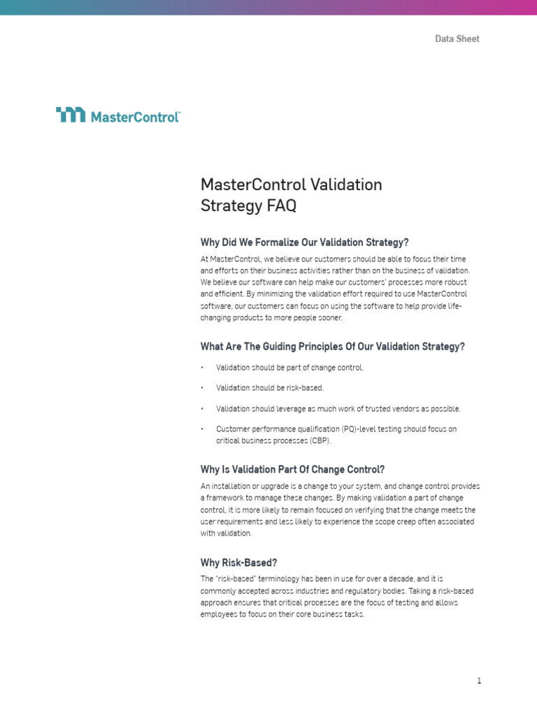mastercontrol-validation-strategy-faq | PDF | Verification And Validation | Engineering