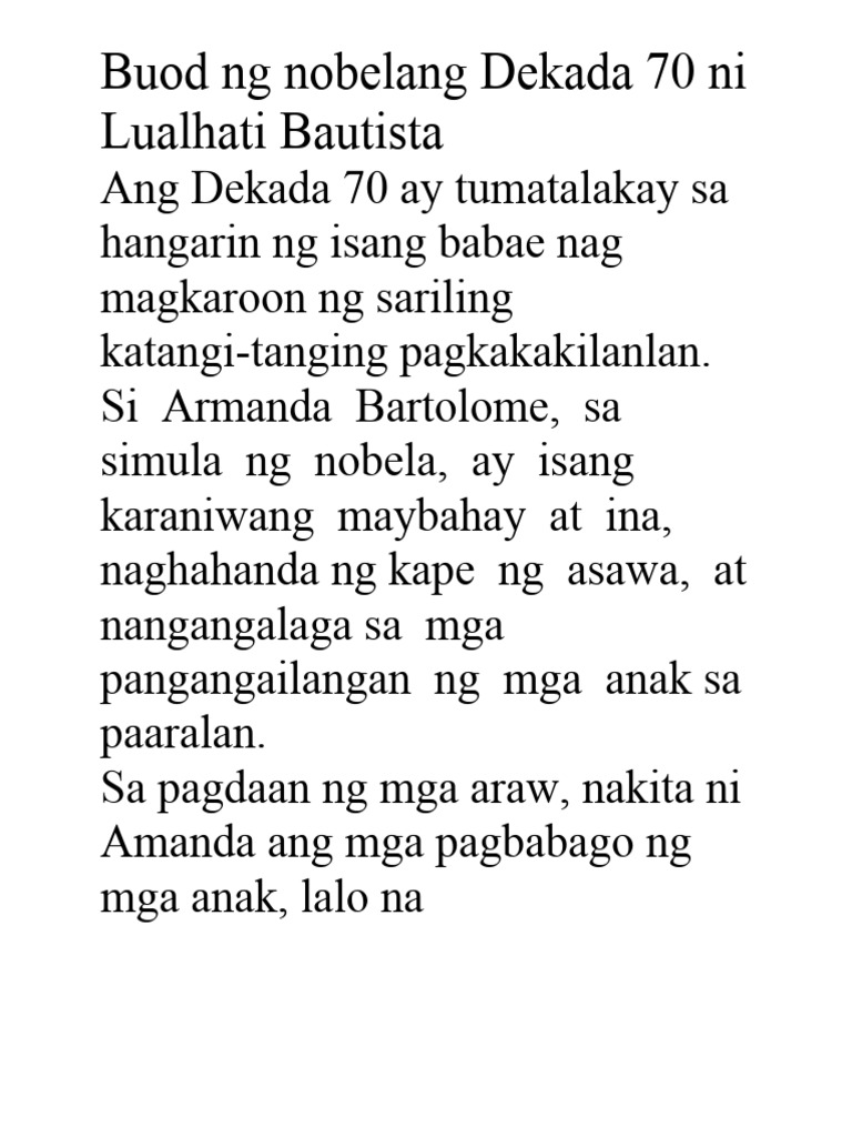Buod NG Nobelang Dekada 70 Ni Lualhati Bautista | PDF